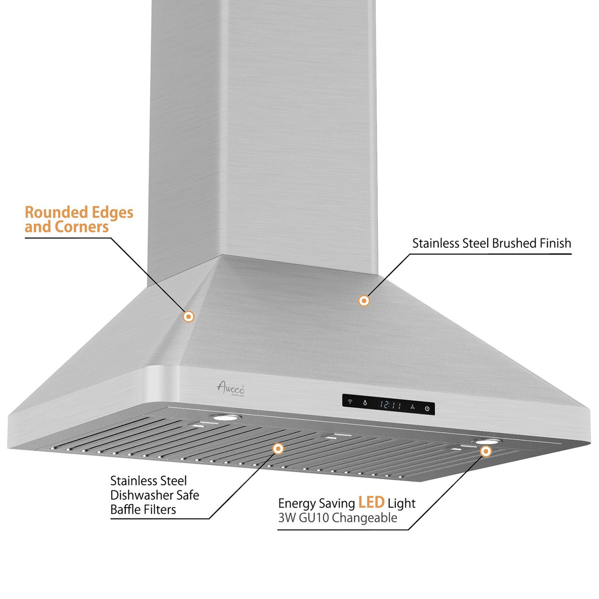 Awoco RH-WT-C Wall Mount Stainless Steel Range Hood, 3 Speeds, 800CFM,