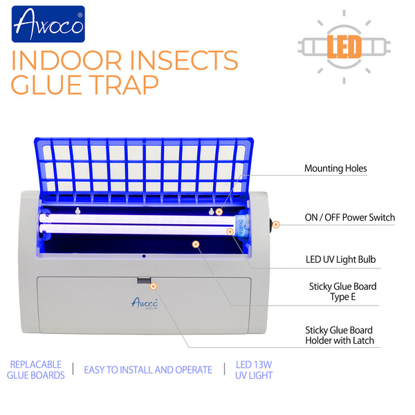 Awoco FT-1E36-LED 13W 100V-240V LED Wall Mount Sticky Fly Trap Lamp