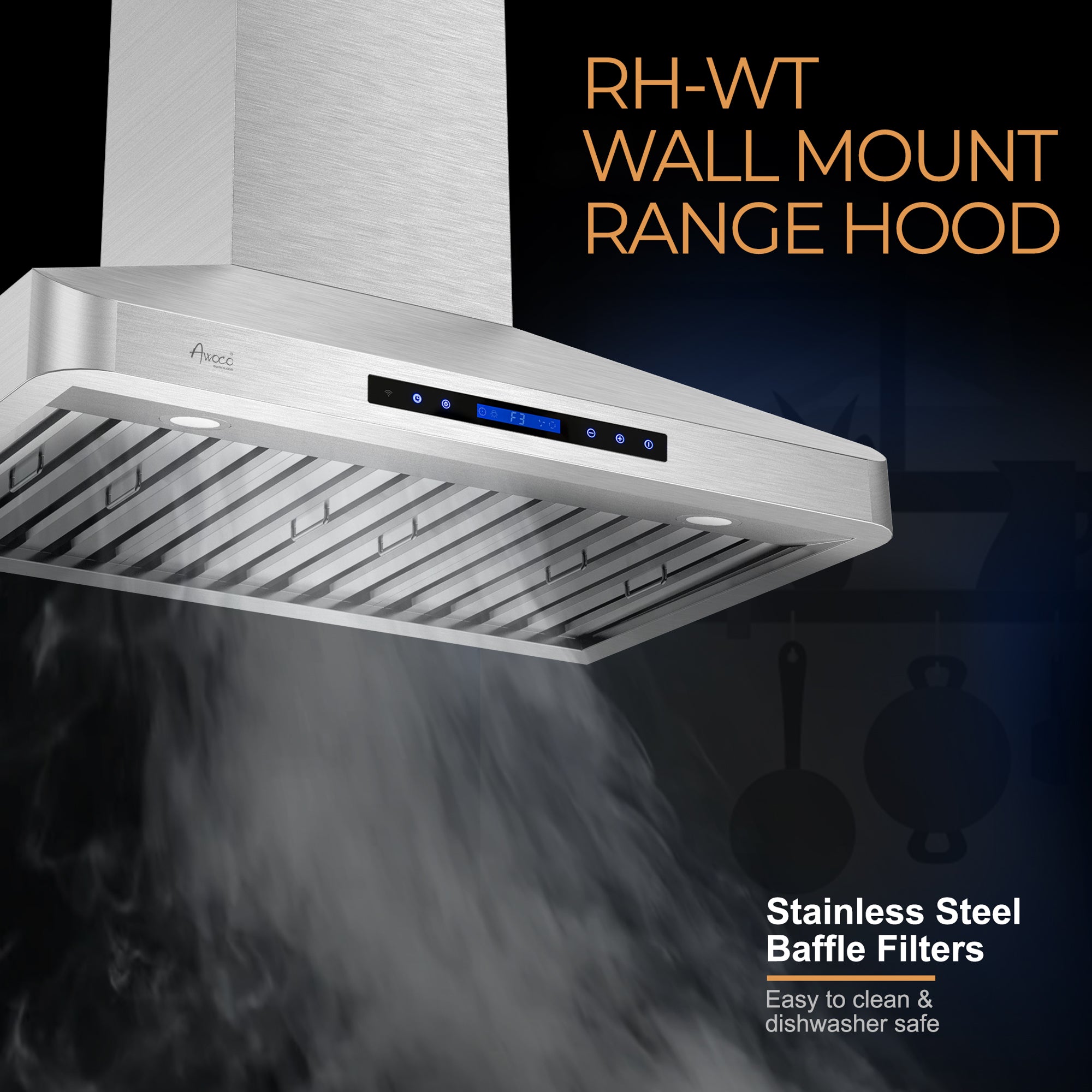 Awoco RH-WT Wall Mount Stainless Steel Range Hood, 4 Speeds, 6” Round
